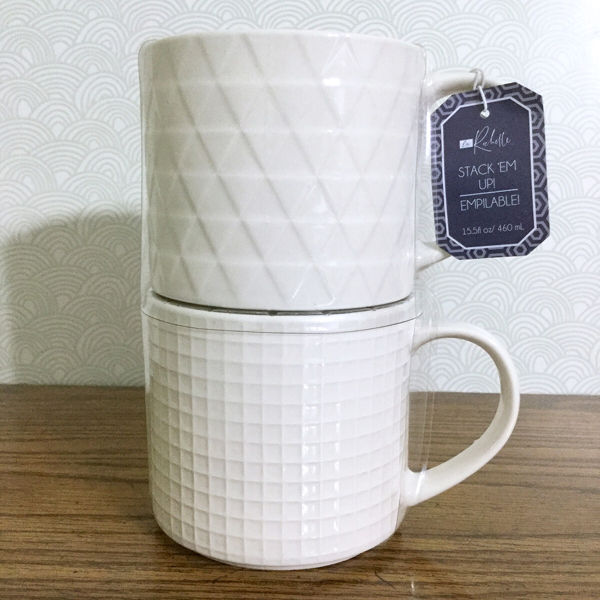 Embossed Coffee Mug Set 2 Stackable Stoneware 14 oz Geometric Classic ...
