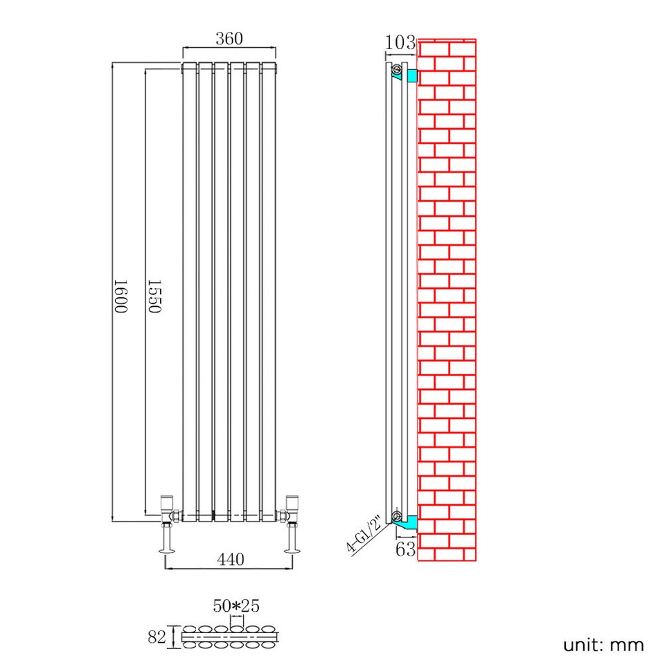 Anthracite Designer Radiator 1600 x 354mm Vertical Double Column Rads ...