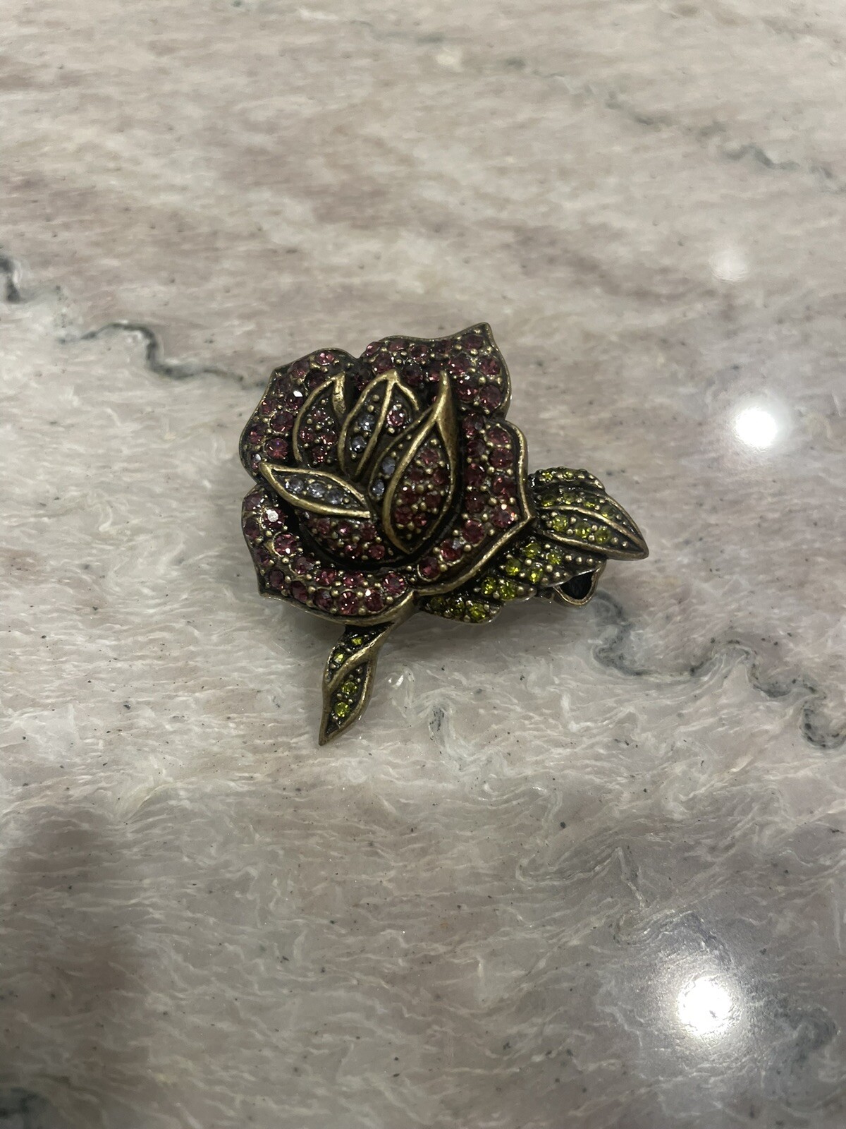 Signed LAVINTAGE Brass Tone Red Green Rhinestones ROS… - Gem