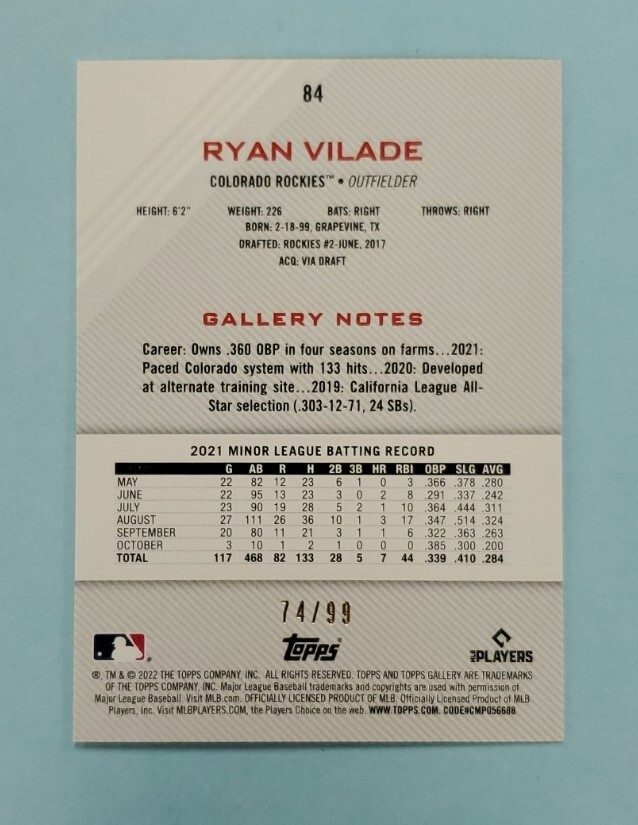 2022 Topps Gallery Ryan Vilade Green Pattern Rookie RC #84 Card /99 | eBay