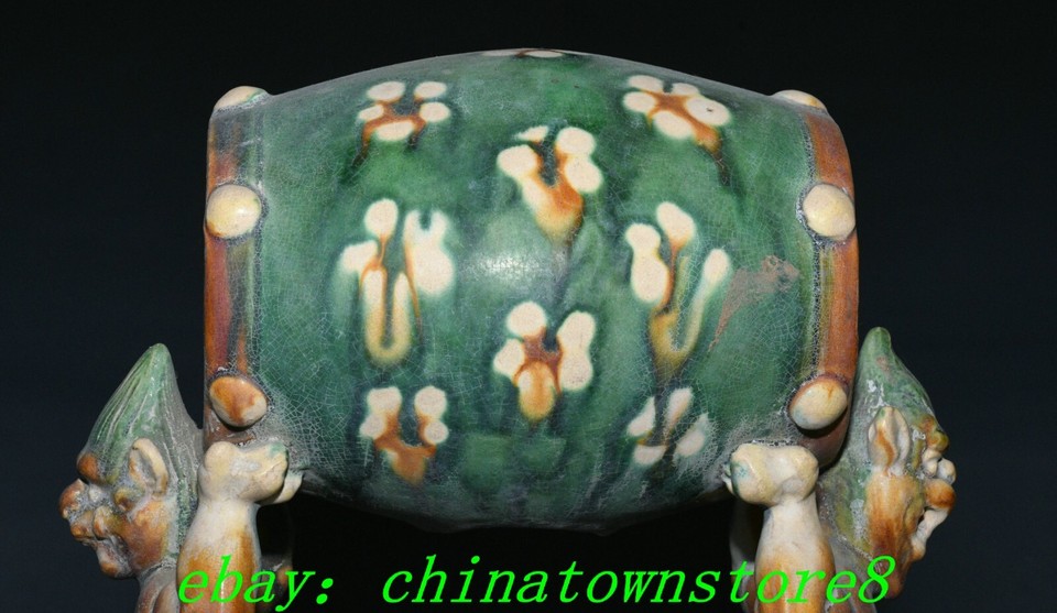 8" Old Chinese Dynasty Tang Sancai Porcelain Bear Beast Drum Beat a ...