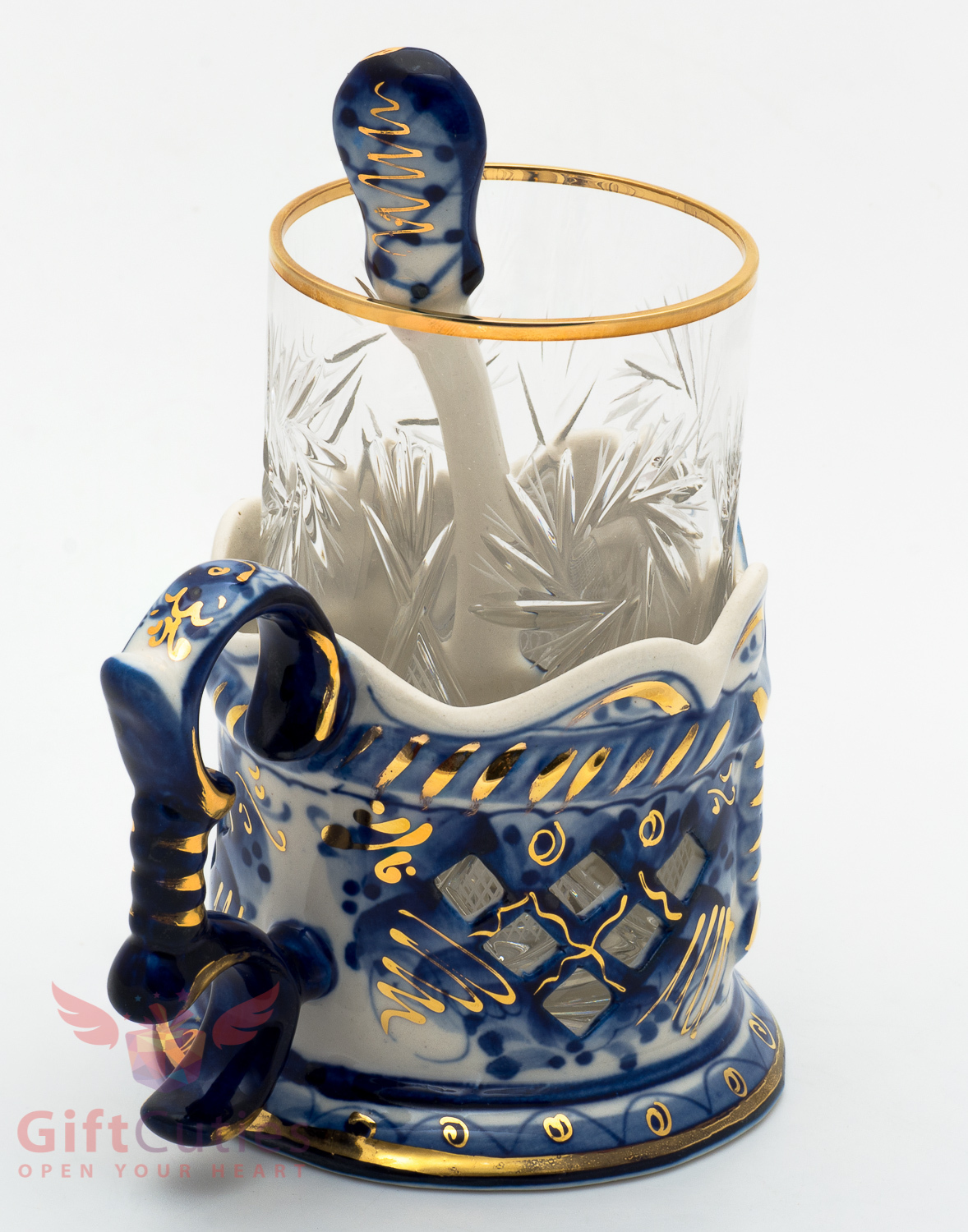 Porcelain Gzhel Cup Glass Holder crystal lead glass tea spoon set ...