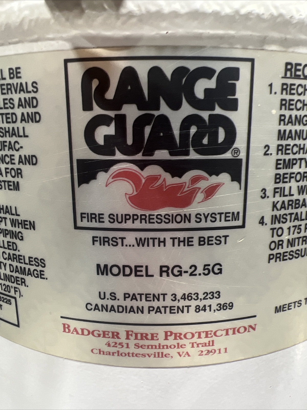 Badger Fire Protection Range Guard Wet Chemical Cylinder Model RG-2.5G ...