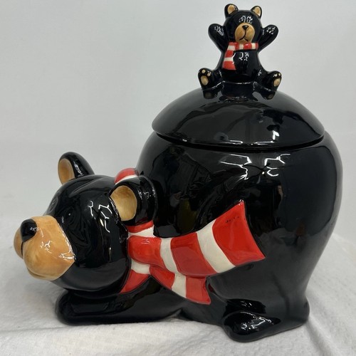 Christmas Kitchen Black Bear Winter Cookie Jar Red Scarf Bear Lid Candy ...