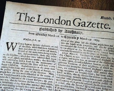 Rare and Early 17TH CENTURY 352 Years old London Gazette England 1673 ...