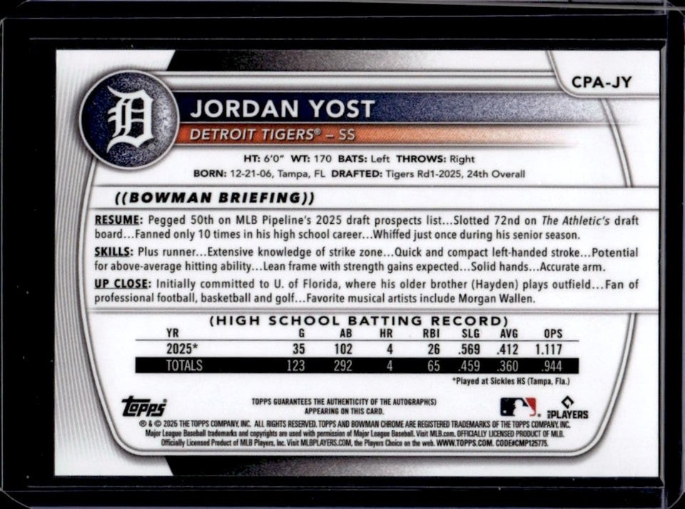 2025 Bowman Draft Jordan Yost Chrome Auto HTA Choice Refractor 1st ...