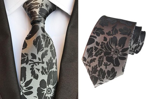 Tie Grey and Black Flower Patterned Handmade Mens Wedding Formal ...