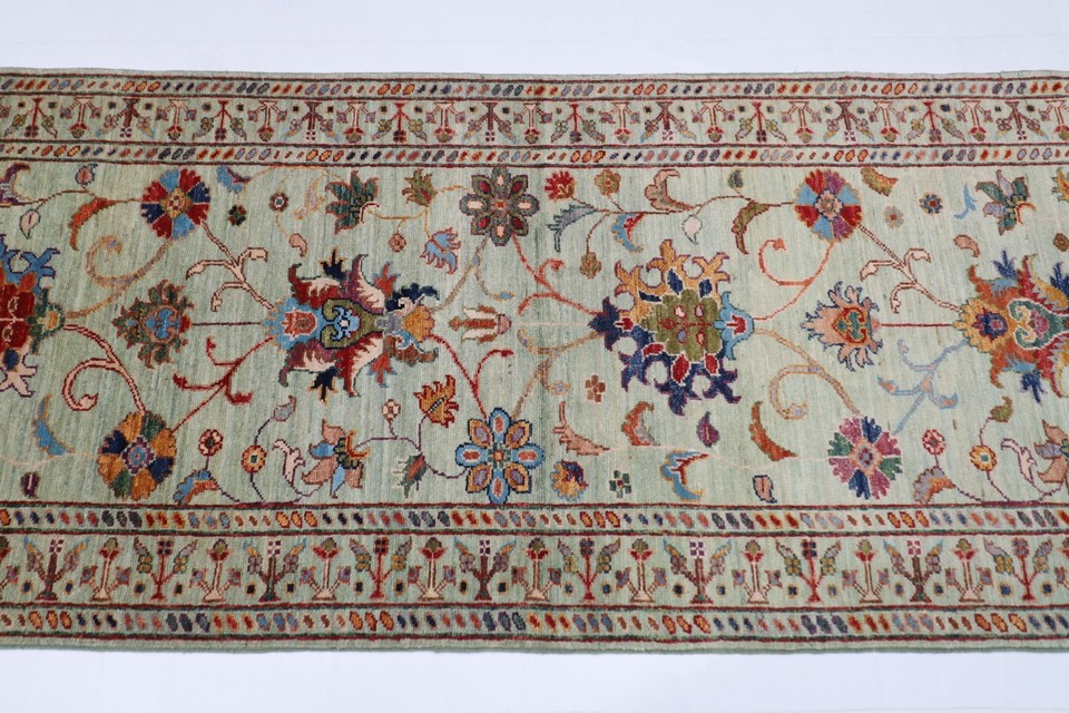 10 ft Hallway Tribal Floral Olive Green Runner Rug Afghan Hand Knotted ...