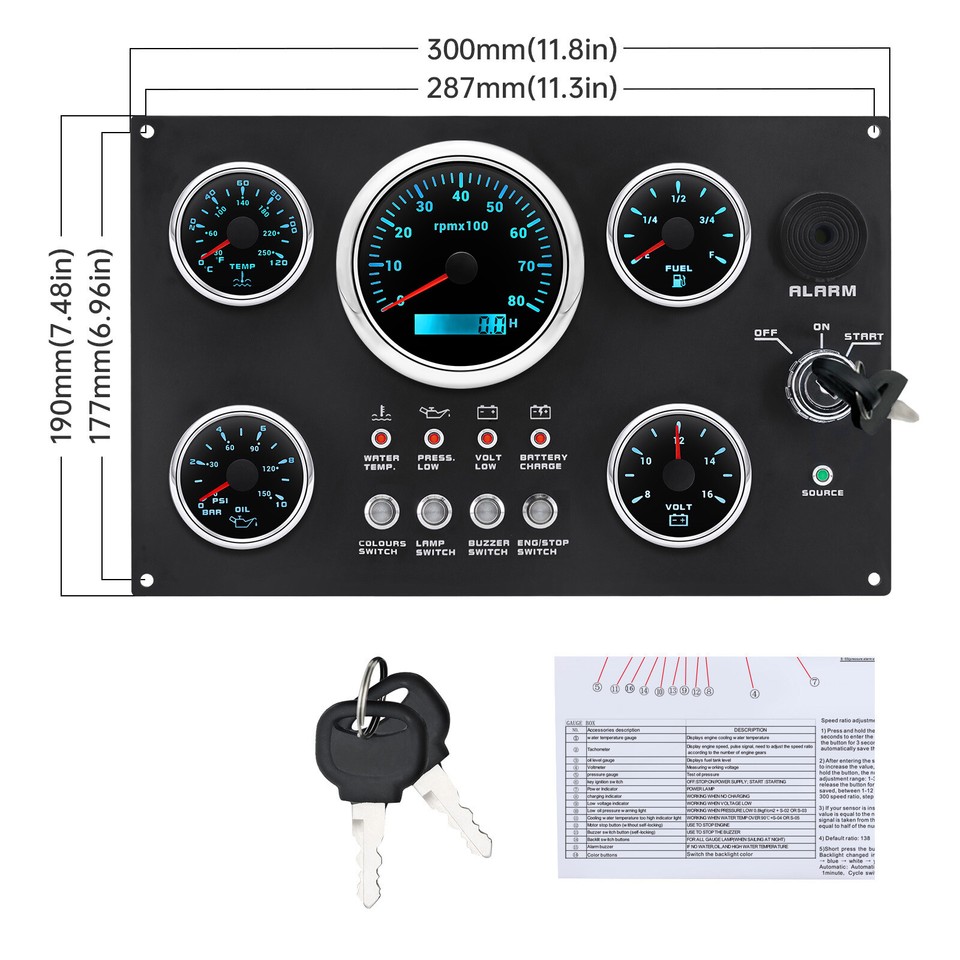 5 Gauge Set with Instrument Panel 8000RPM with Senders For Car Marine ...