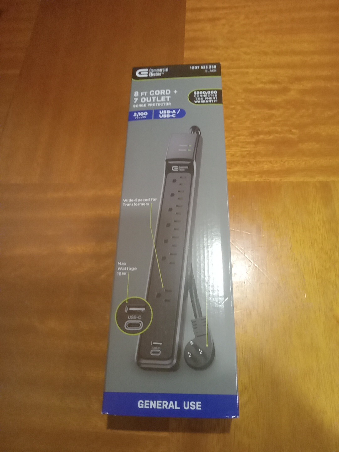 Commercial Electric 7 Outlet Surge Protector 8 ft. Cord with USB 1007 ...