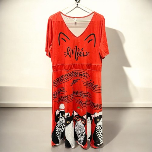 Red Cat Print Dress 1X length 46in pit to pit 21in | eBay