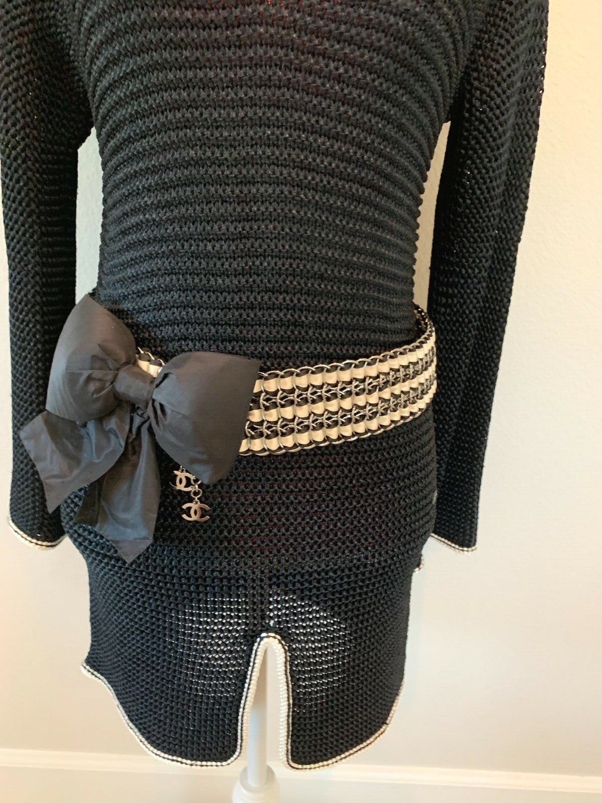 CHANEL WIDE CHAIN RIBBON BOW BELT 06A RARE CC BLACK IVORY SILVER ...