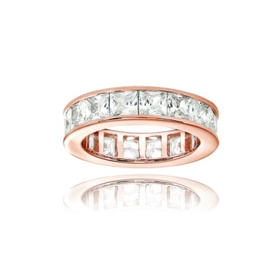 Square 4mm Channel Set Cubic Zirconia Rose Gold Plated Silver Band Ring ...