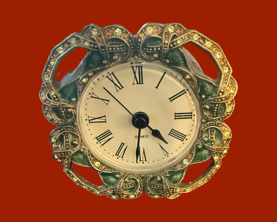 Vintage 1990 Shontek Jeweled enamel table clock w/ faux diamond & pink ...