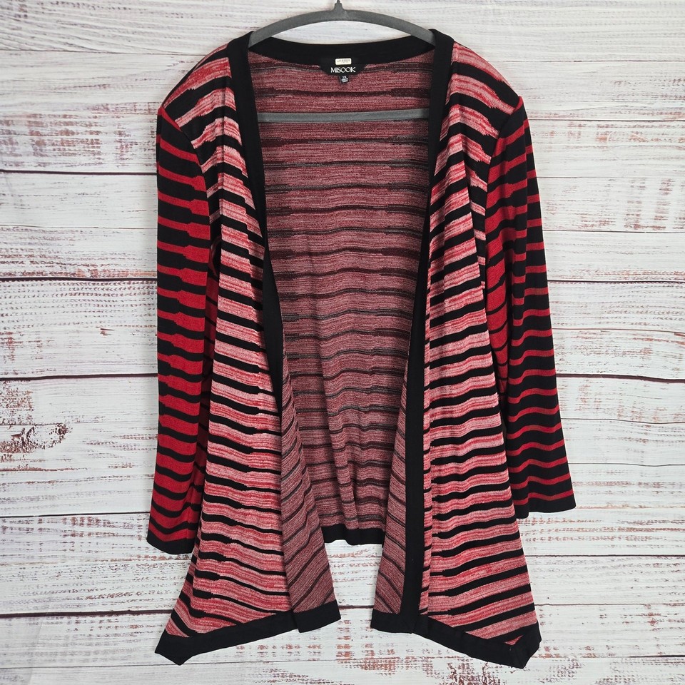 Misook Red Black Stripe Open Cardigan Size 2XL Wrap Knit Sweater ...