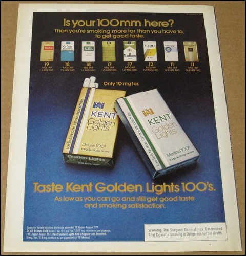 1978 Kent Golden Lights 100's Cigarettes Print Ad Advertisement Buick ...