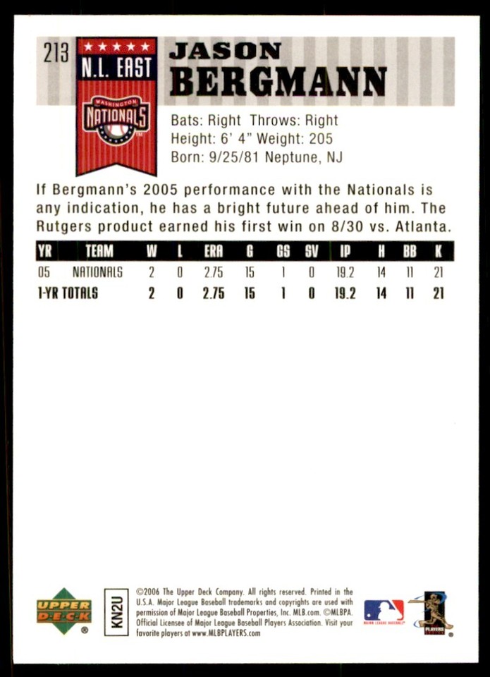 2006 Upper Deck First Pitch Jason Bergmann Rookie Washington Nationals ...