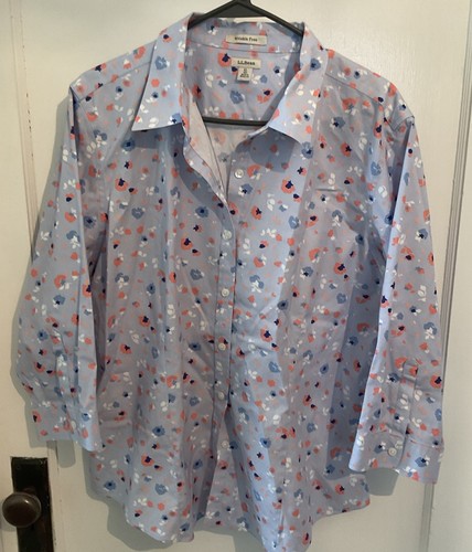 LL Bean Top Womens XL Wrinkle Free Shirt Periwinkle Blue Coral Floral 3 ...