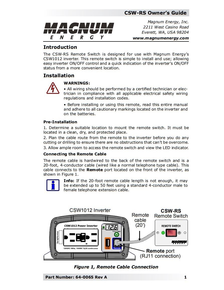 Magnum Energy CSW-RS Remote Switch for CSW with Cable | eBay