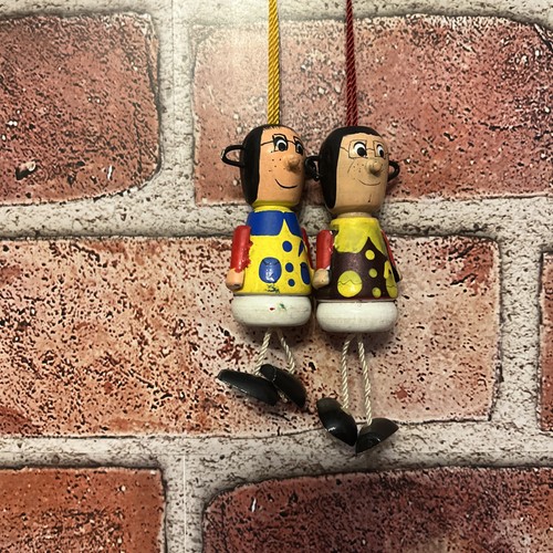 2 Vintage hand carved wood String Puppet Marionettes wire ears 3” & 3.5 ...