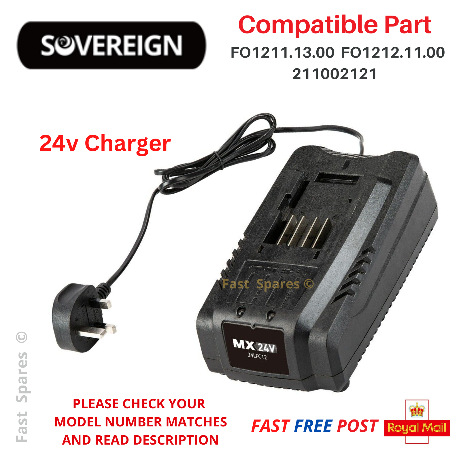 SOVEREIGN CLMF2432M (290/8777) Lawnmower 24v FAST Battery Charger FAST ...