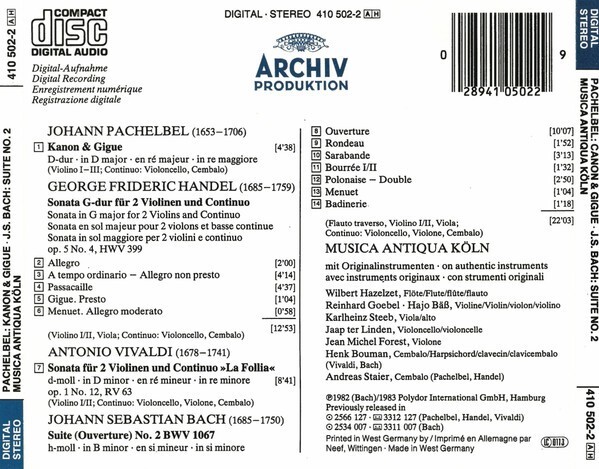 Pachelbel: Kanon & Gigue · J.S. Bach · Handel · Vivald (Archiv CD) 1983 ...