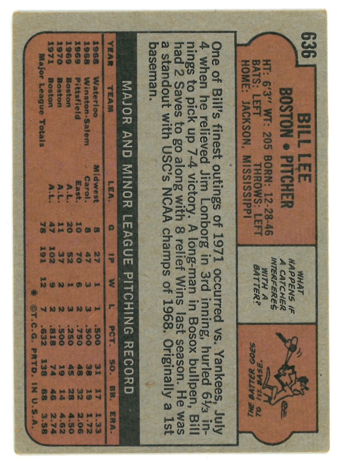 1972 Topps #636 Bill Lee Baseball Card - Boston Red Sox | eBay