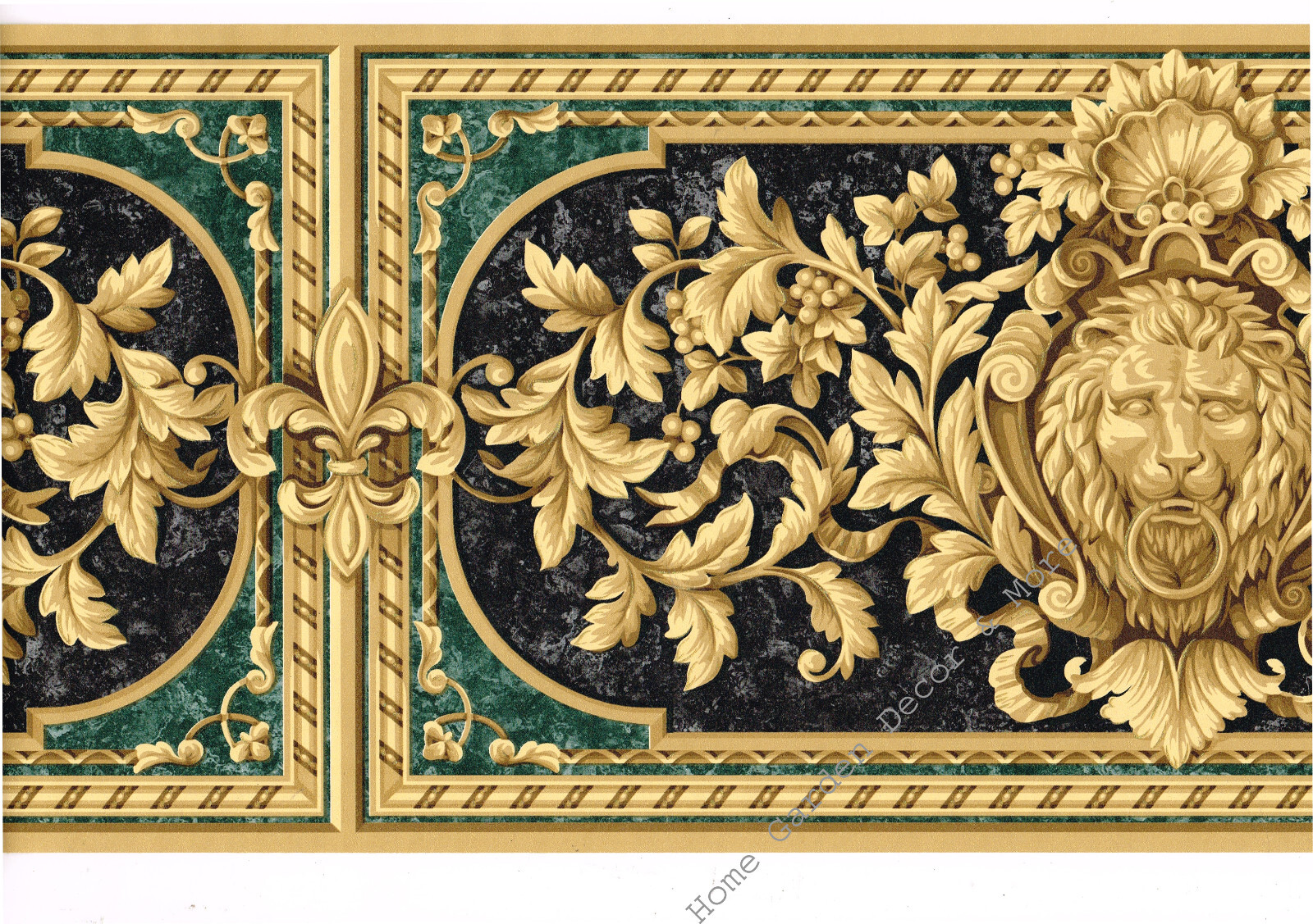 LION HEAD Architectural Frame Gold Leaf Scroll Green Black Wallpaper ...