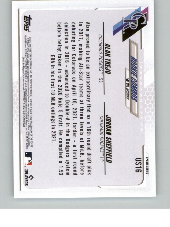 2021 Topps Update Alan Trejo / Jordan Sheffield US16 RC Colorado ...