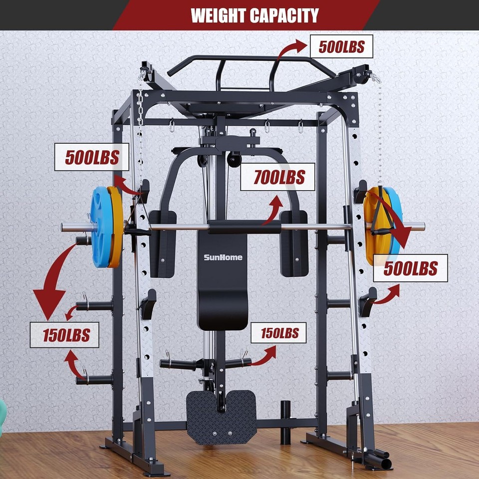 Smith Machine Power Cage Squat Rack with Smith Bar Cable Crossover ...
