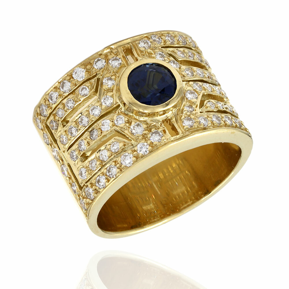 Sapphire and Pave Diamond Cigar Band Ring in 18K Yell… - Gem