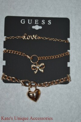 Guess Rose Gold-Tone LOVE Rhinestone Bow Charm & Logo Heart Locket ...