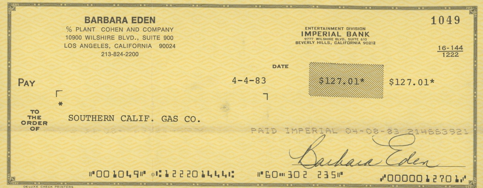 Barbara Eden I Dream of Jeanie signed check | eBay