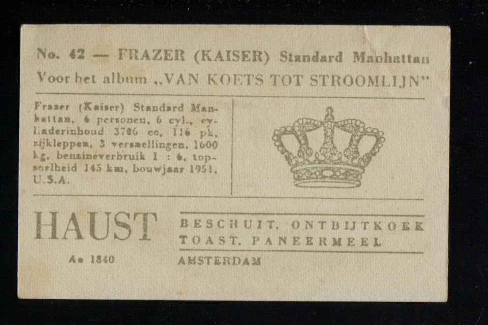 Kaiser Frazer Standard Manhattan 1951 Vintage 1950s Dutch Trading Card ...