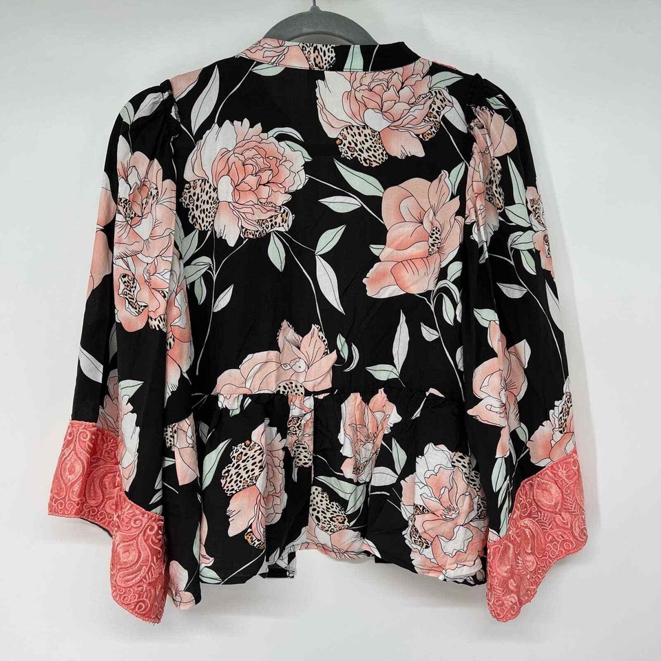 Jaase Floral Kimono Crop Cardigan Women's Sz M Black Pink Rayon ...