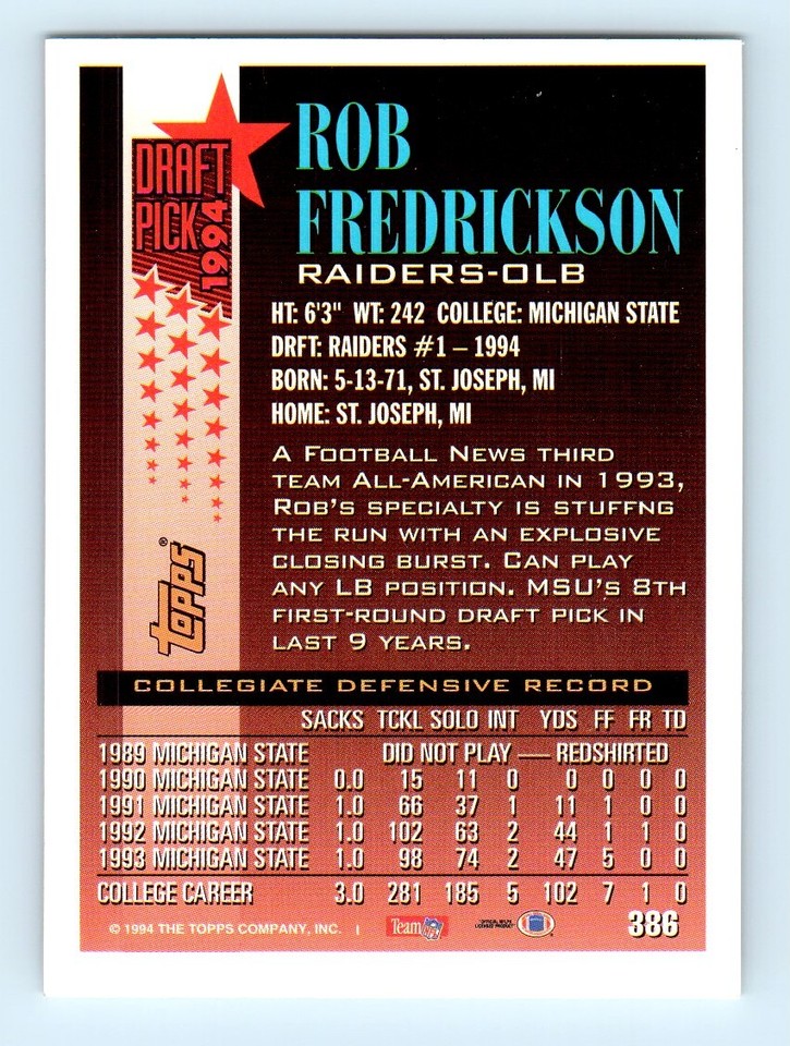 1994 Topps Rob Fredrickson RC Los Angeles Raiders #386 | eBay