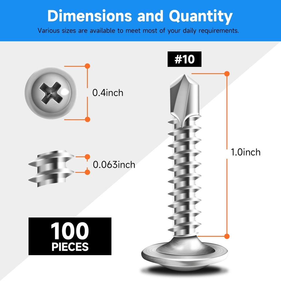 100Pcs #10 x 1 Self Tapping Screws Metal 410 Stainless Steel Truss Head ...