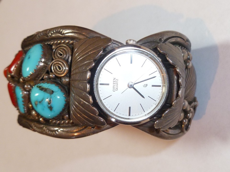 Old Pawn Rose Castillo Sterling Turquoise Cuff Watch Bracelet by RC ...