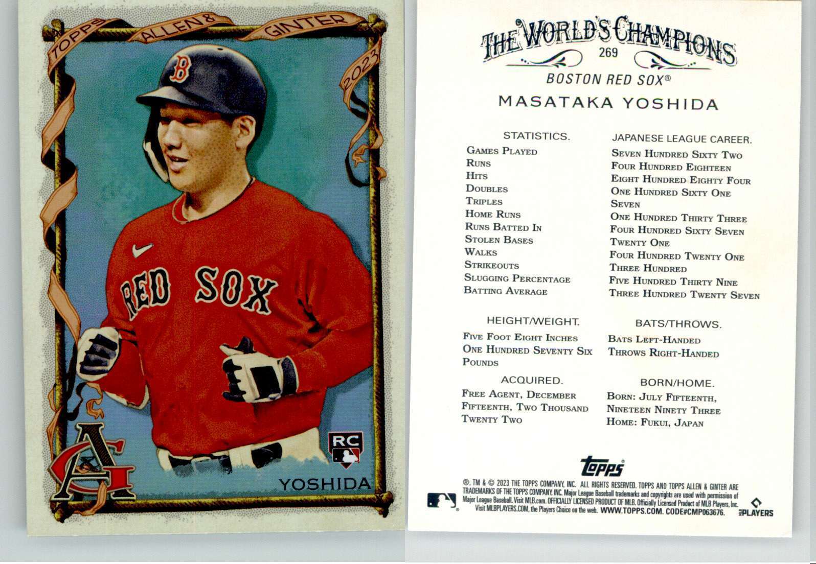 Masataka Yoshida 2023 Topps Allen & Ginter Silver Portrait #269 Red Sox ...