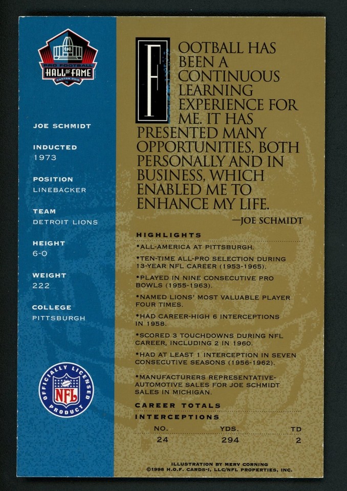 '98 Joe Schmidt AUTOGRAPHED NFL HOF Signature Series Detroit Lions ...