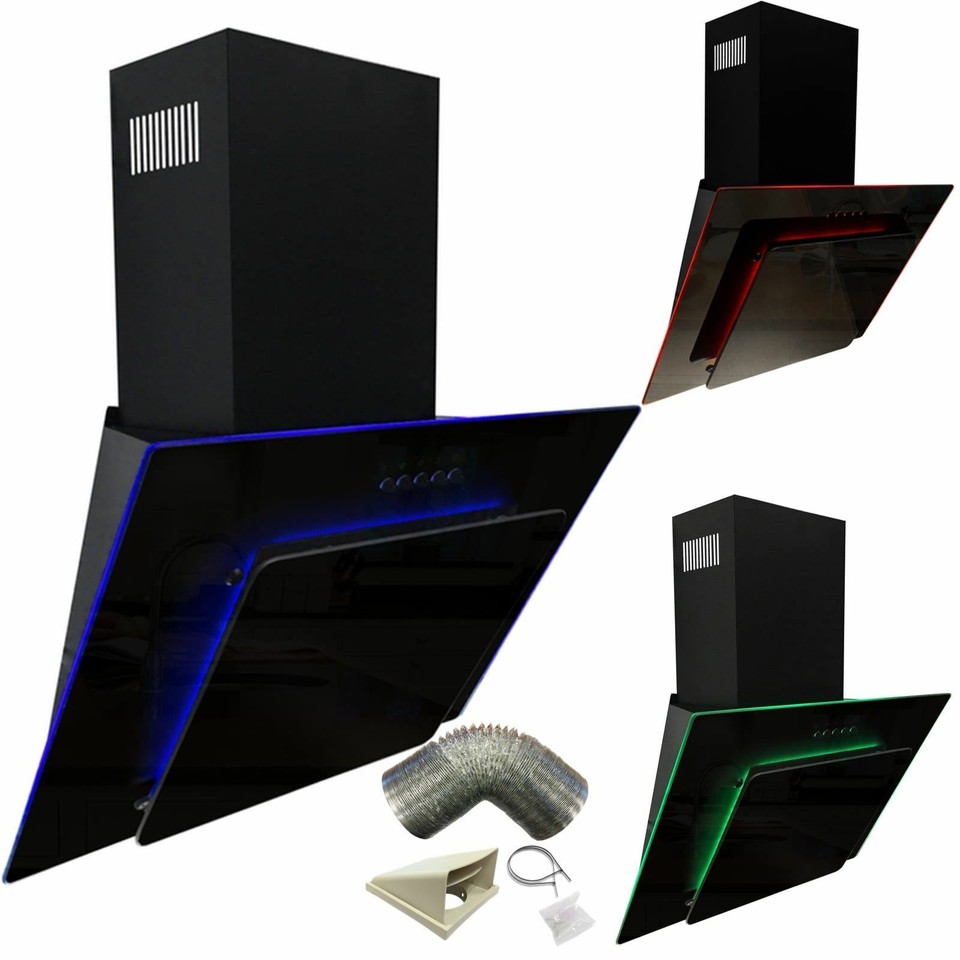 SIA 90cm Black 3 Colour LED Edge Lit Angled Glass Cooker Hood And 1m ...