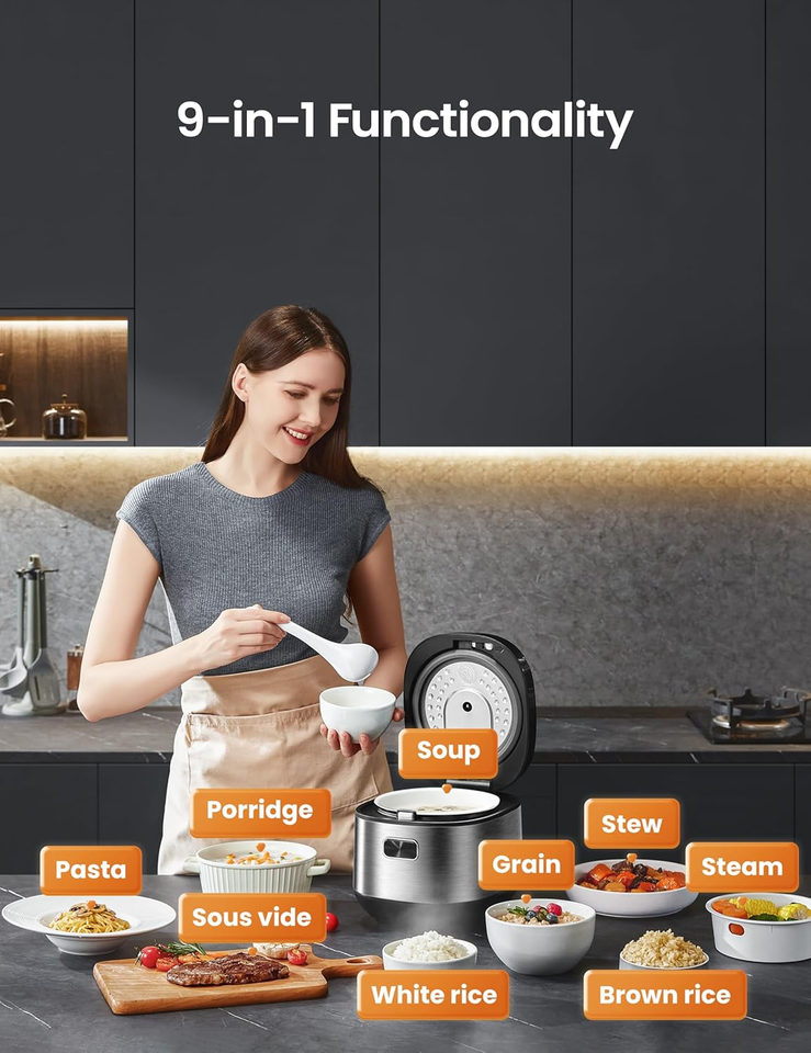 COMFEE' Compact Rice Cooker 8 Cups Cooked/4 Cups Uncooked, 9-In-1 Multi ...
