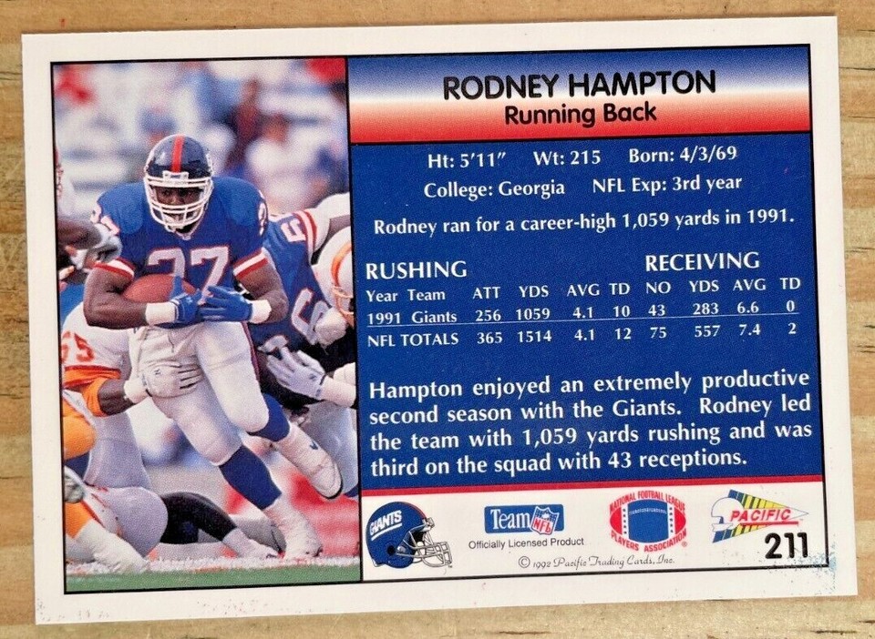 1992 PACIFIC RODNEY HAMPTON CARD#211 NM-MT UNIVERSITY GEORGIA NEW YORK ...