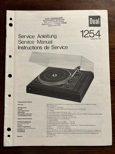 Dual 1254 Turntable Record Player Service Manual Original OEM Genuine ...