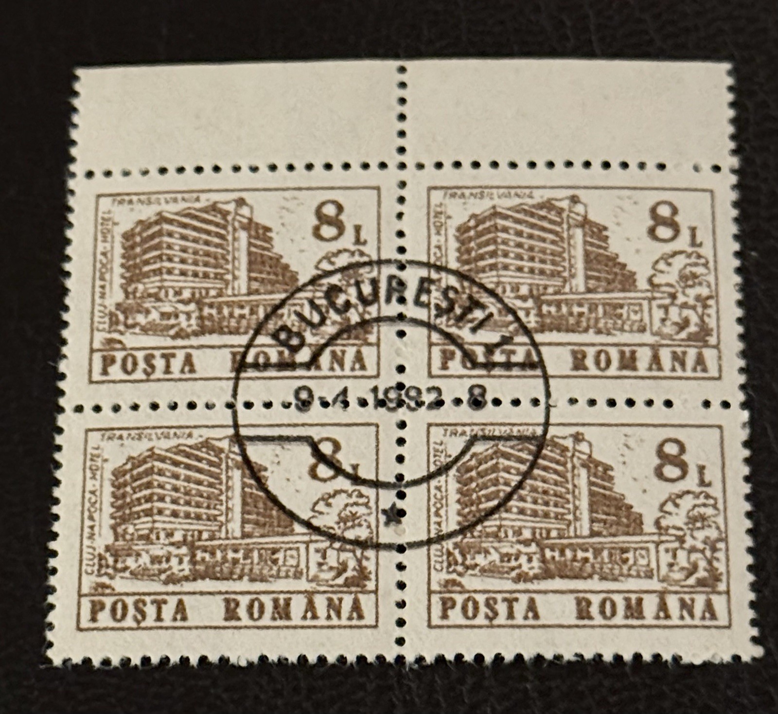 MVLH CTO BLOCK OF 4 STAMPS / 1991 ROMANIA / HOTEL TRANSILVANIA, CLUJ ...