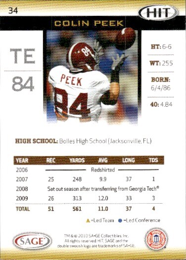 2010 SAGE HIT #34 Colin Peek Alabama Crimson Tide Football | eBay