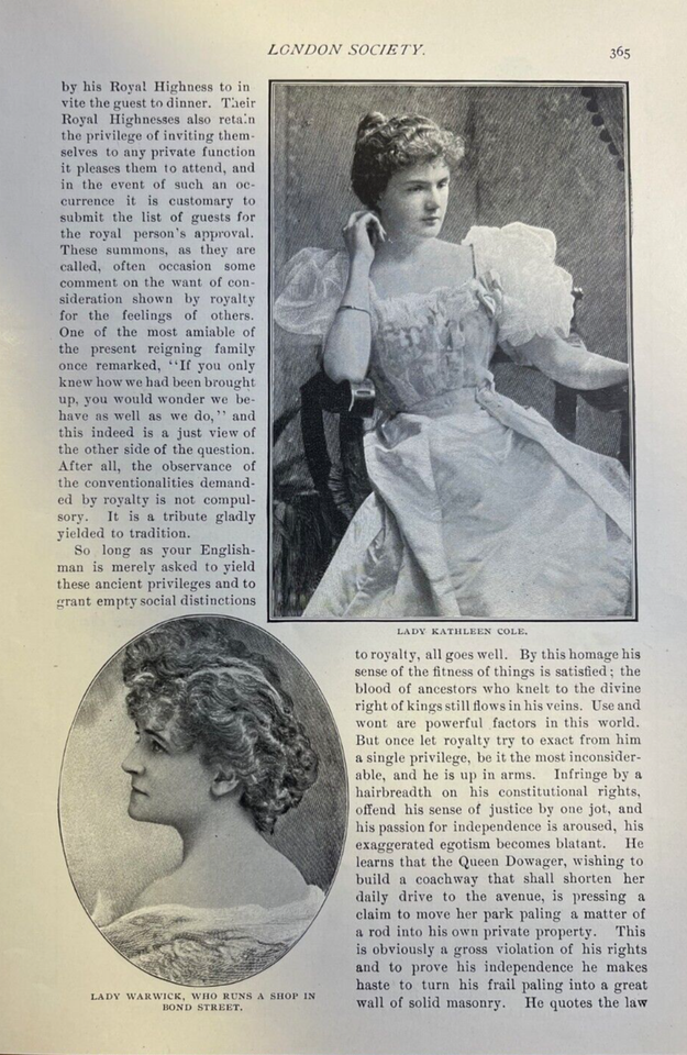 1902 London Society Countess of Westmoreland Lady Warwick Sibyl Napier ...