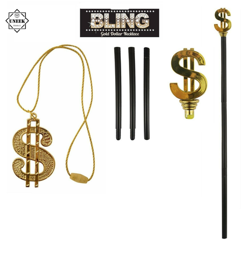 Gold Doller Sign Pimp Stick +Necklace Gangster SET Cane Halloween Fancy ...