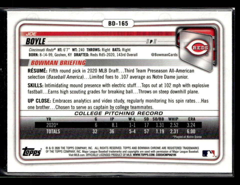 2020 Bowman Draft #BD-165 Joe Boyle Chrome Card Cincinnati Reds | eBay