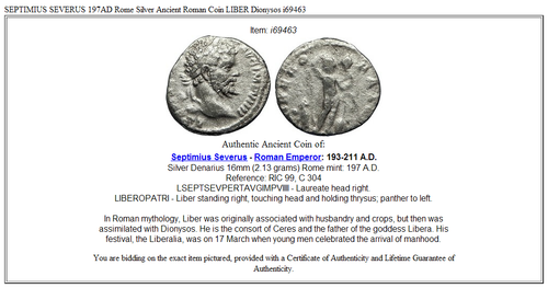 SEPTIMIUS SEVERUS 197AD Rome Silver Ancient Roman Coin LIBER Dionysos ...